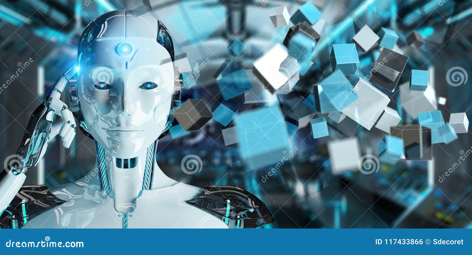 White Cyborg Using Blue Digital Cube Structure 3D Rendering Stock ...