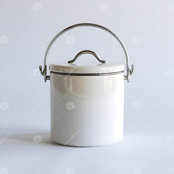 White Cylindrical Container with Rounded Lid and Metal Handle, Simple ...