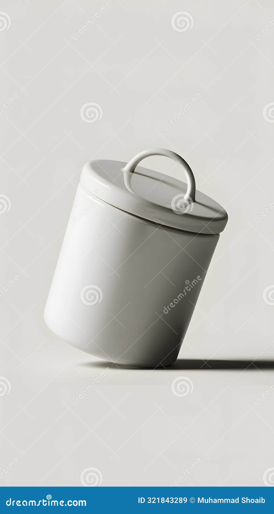 White Cylindrical Container with Rounded Lid, Tilted on Flat Surface ...