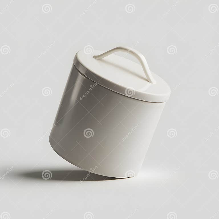 White Cylindrical Container with Rounded Lid, Tilted on Flat Surface ...