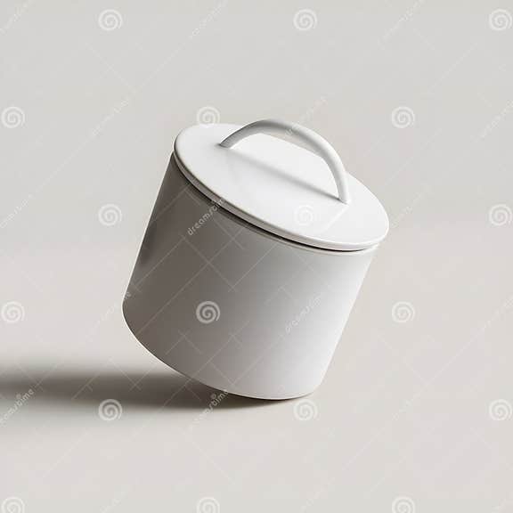 White Cylindrical Container with Rounded Lid, Tilted on Flat Surface ...
