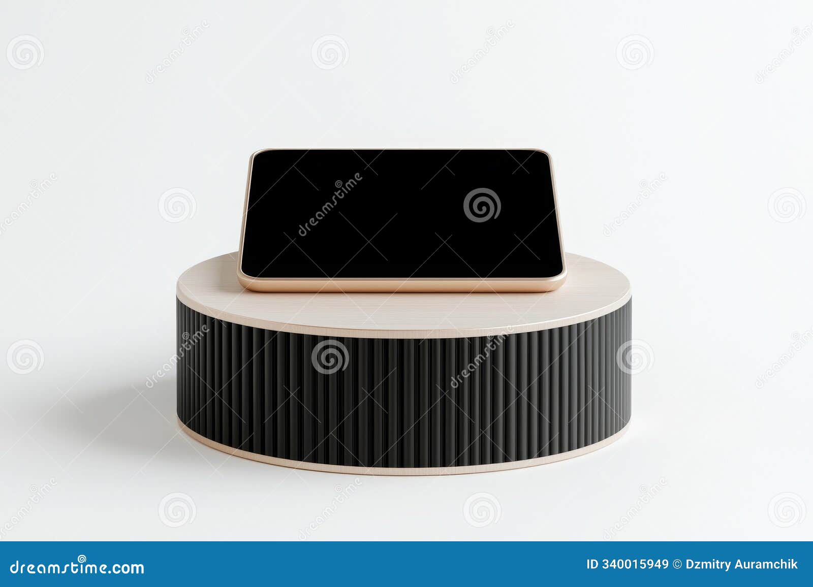 White Cylindrical Table with Modern Tablet with Blank Screen. 3D ...