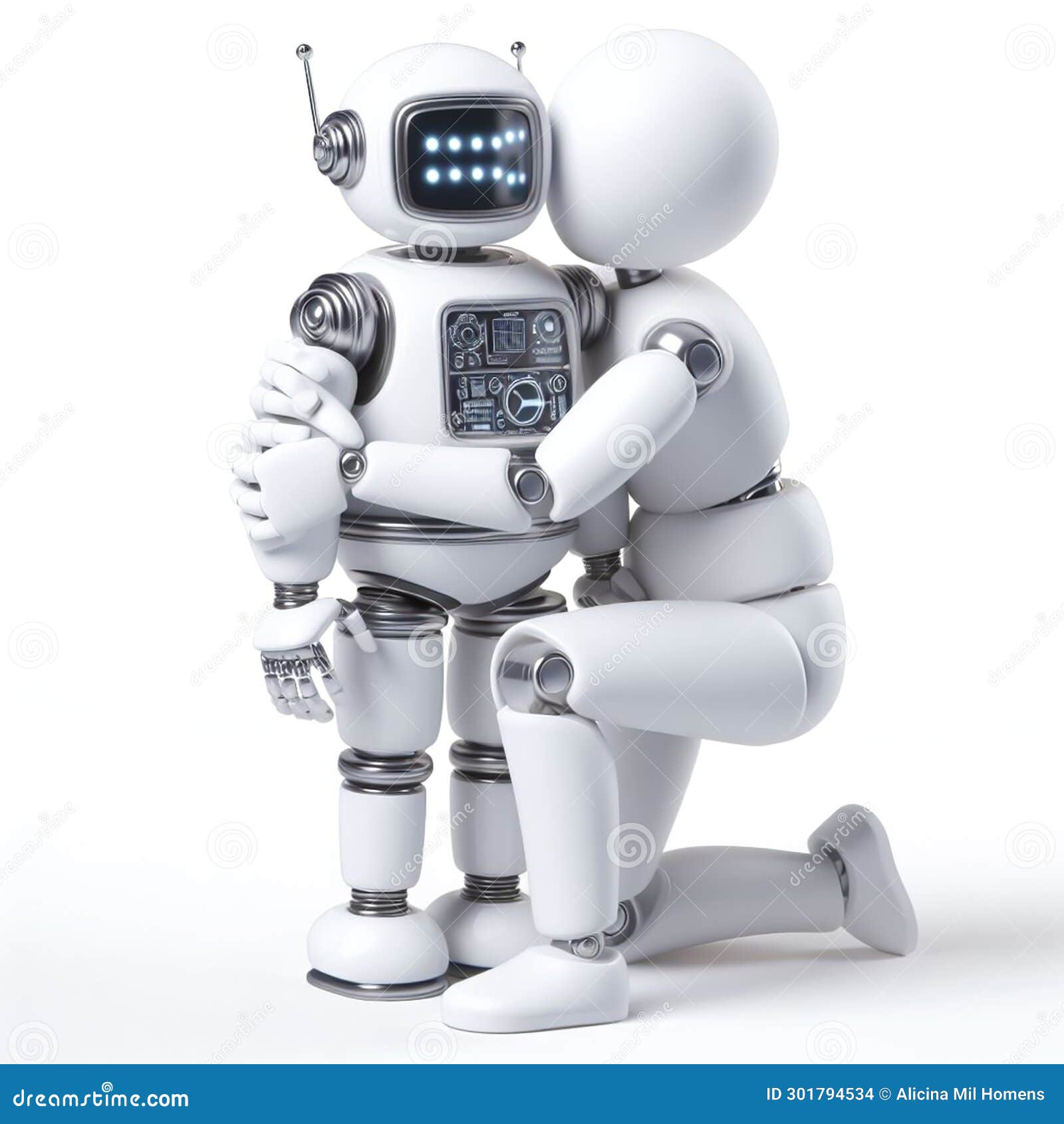 White 3D Figure Greets a Robot. Time for Technology and Friendship ...