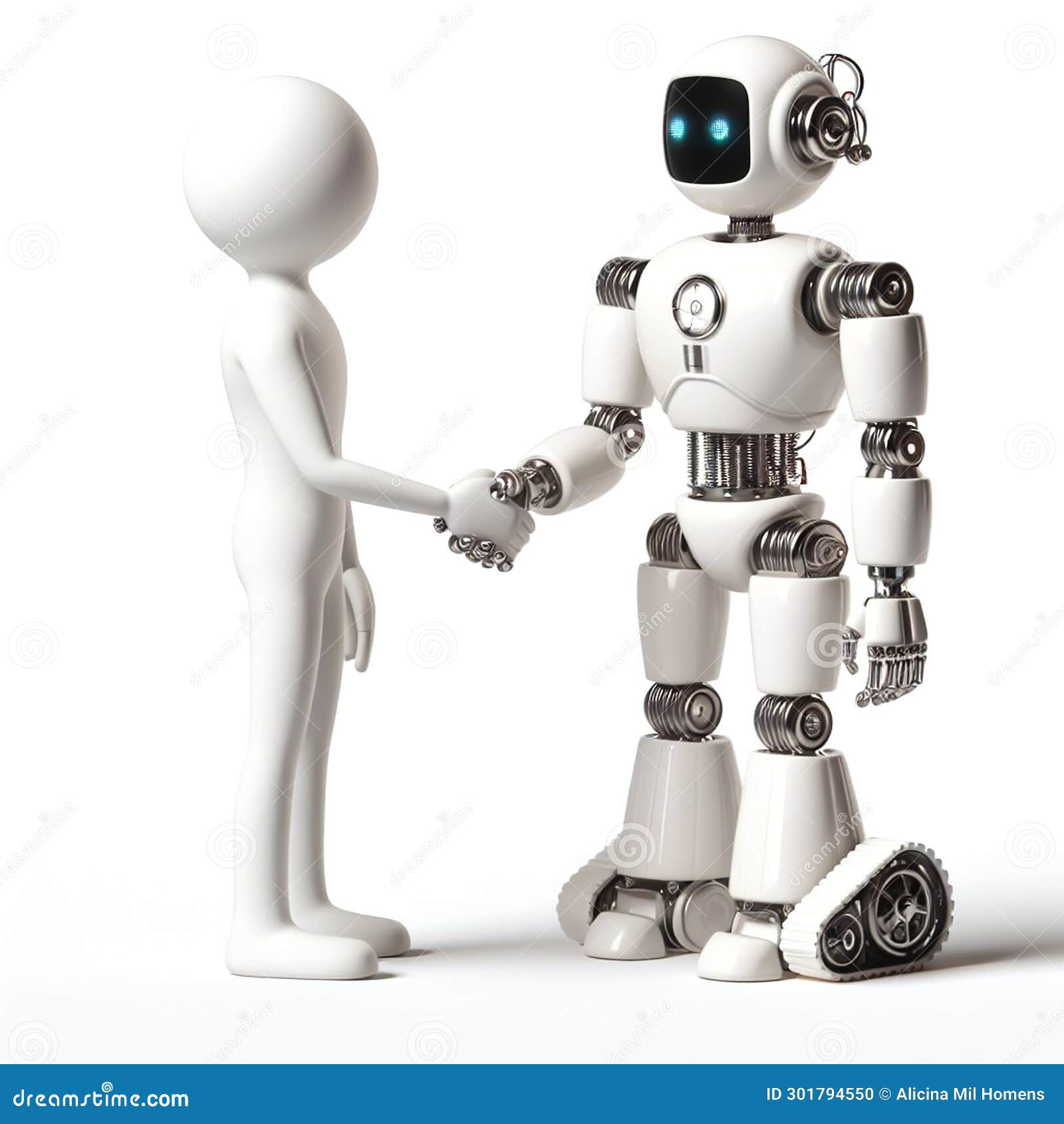 White 3D Figure Greets a Robot. Time for Technology and Friendship ...
