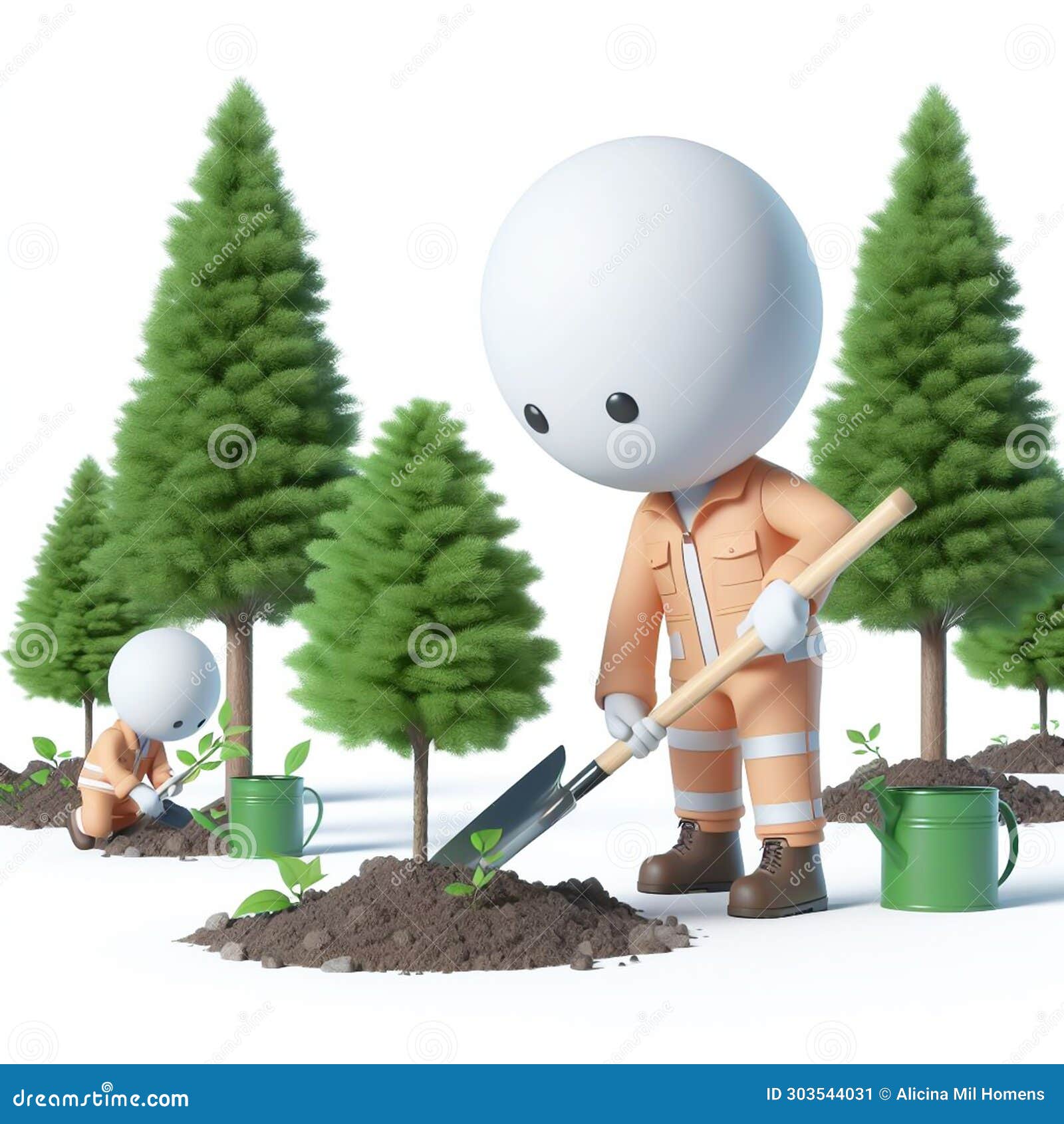 White 3D Figure Planting Trees. Environment Concept Stock Illustration ...