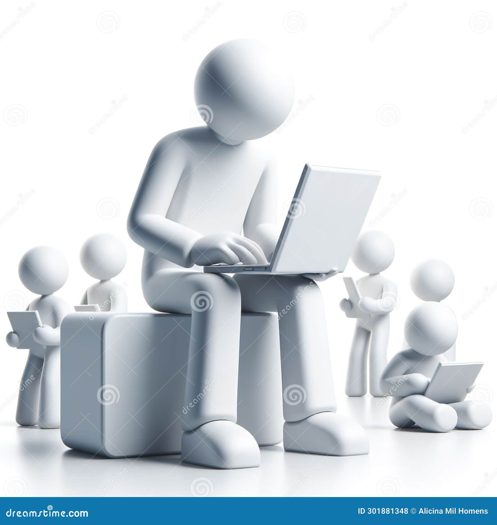 White 3D Figure Working on a Laptop. Technology, Communication and Work ...