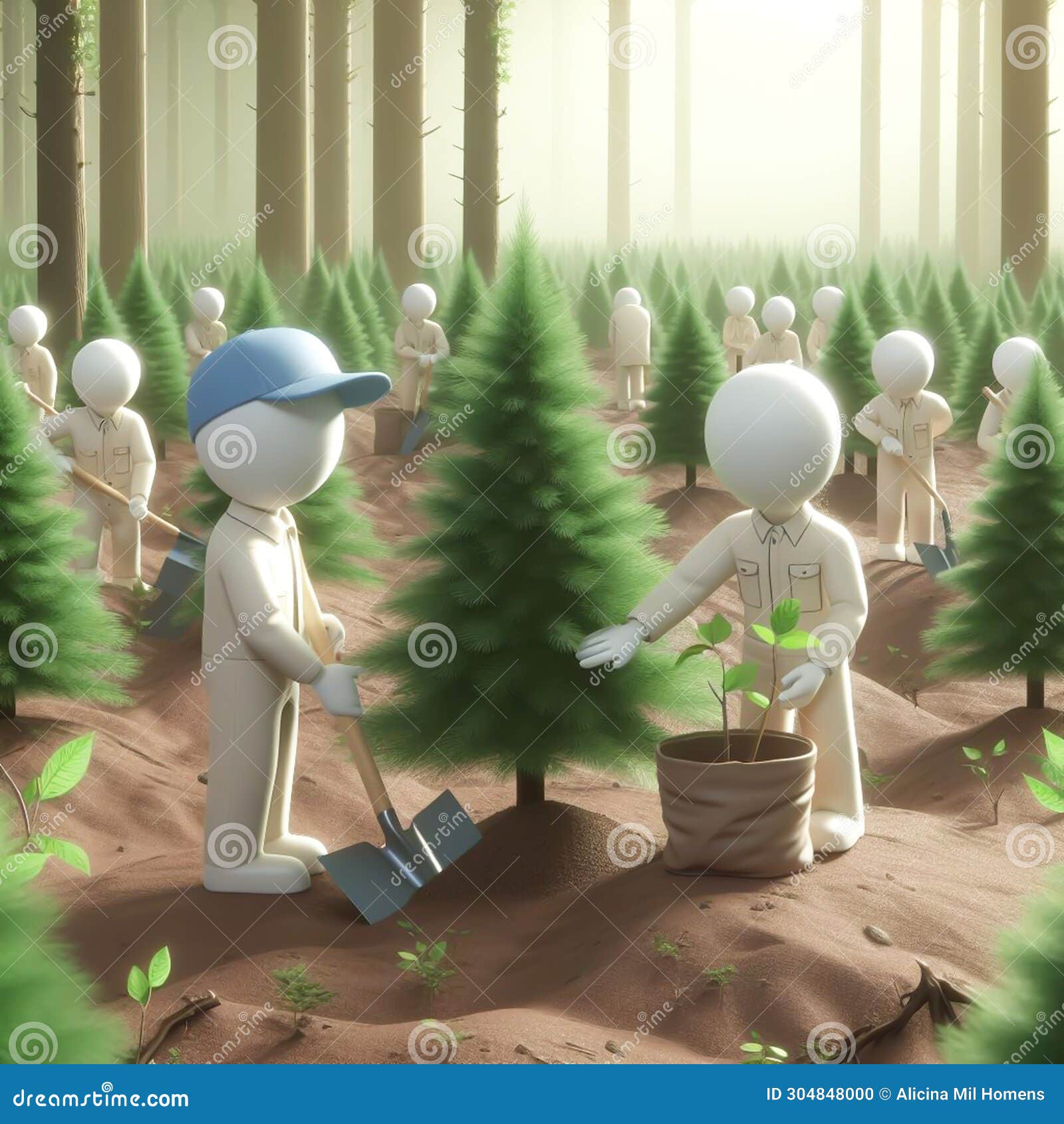 White 3D Figures Planting Trees in the Forest. Environment Concept ...