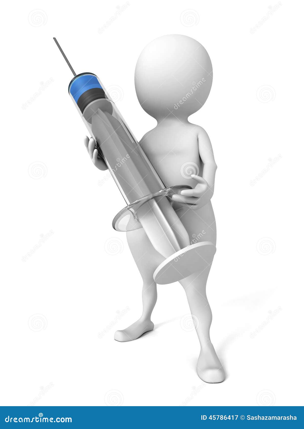 White 3D Man Holding Large Medicine Syringe Stock Illustration ...