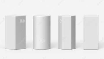 White 3d Render Pillar Podium. Cylinder, Square and Hexagon Column Platform Set, Empty Display ...