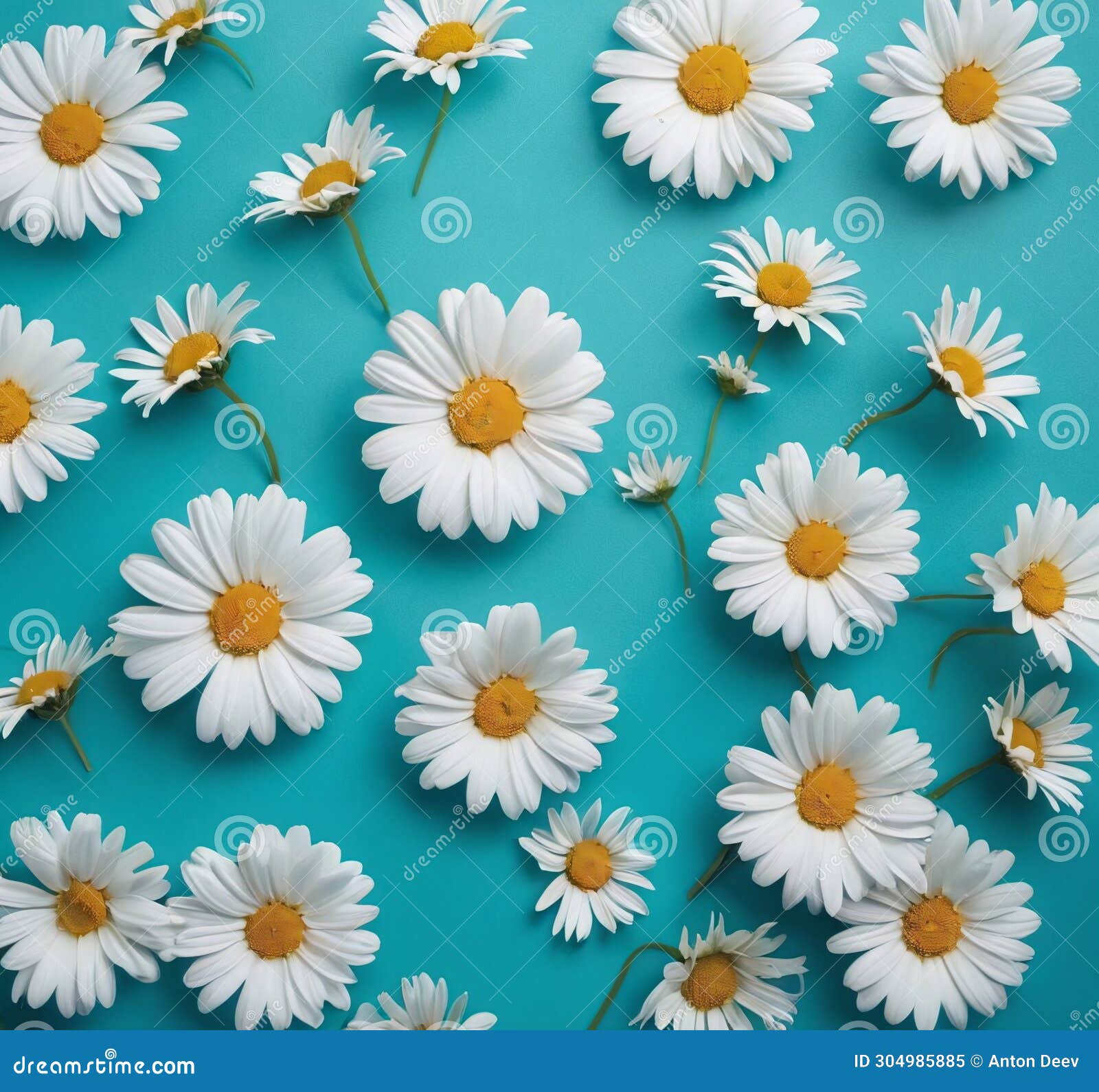 White Daisies on Blue Background. Flat Lay, Top View Stock Image ...