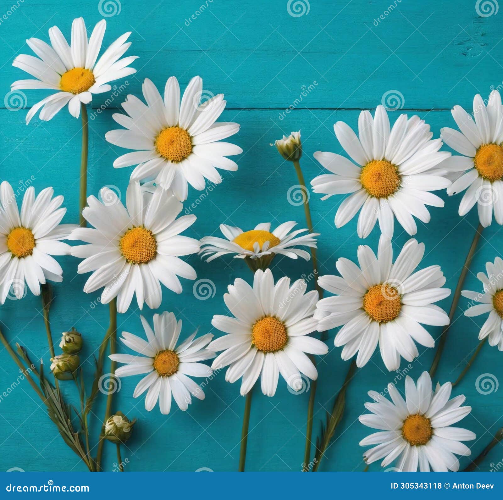 White Daisies on Blue Background. Flat Lay, Top View Stock Photo ...