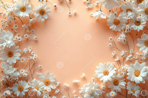 White Daisy Flowers Creating a Frame on a Peach Colored Background with ...