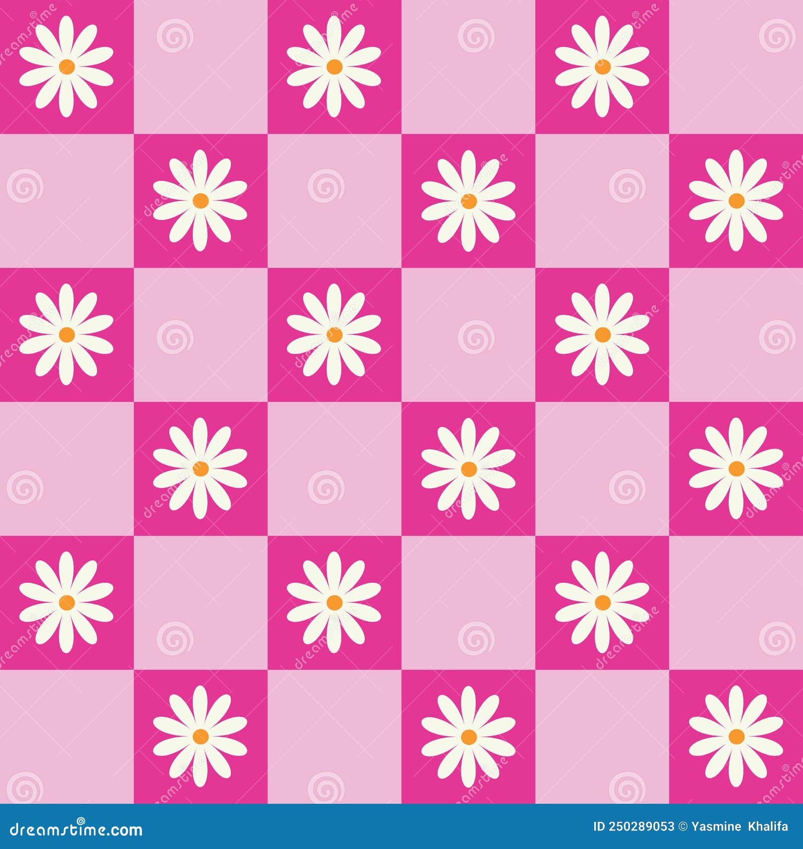 White Retro Daisy Flowers on Hot Pink and Pastel Pink Checkerboards ...