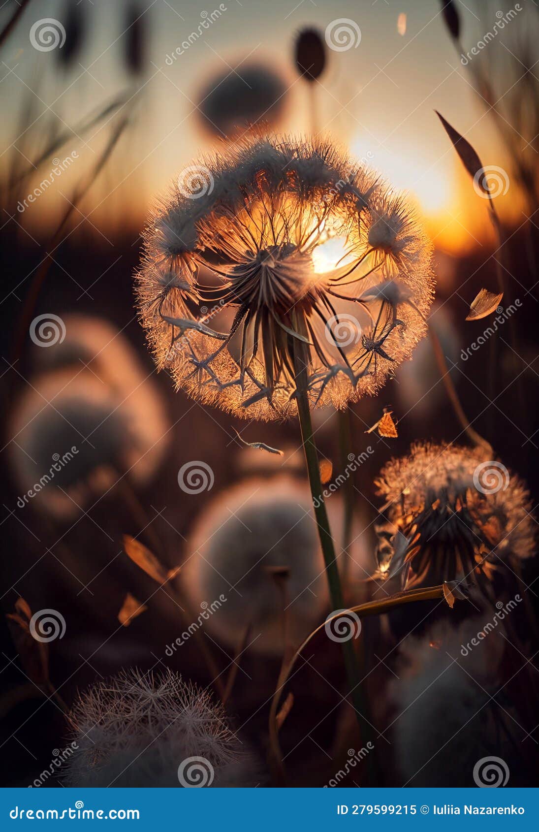White Dandelion Crumbles from the Wind in the Rays of the Setting Sun ...