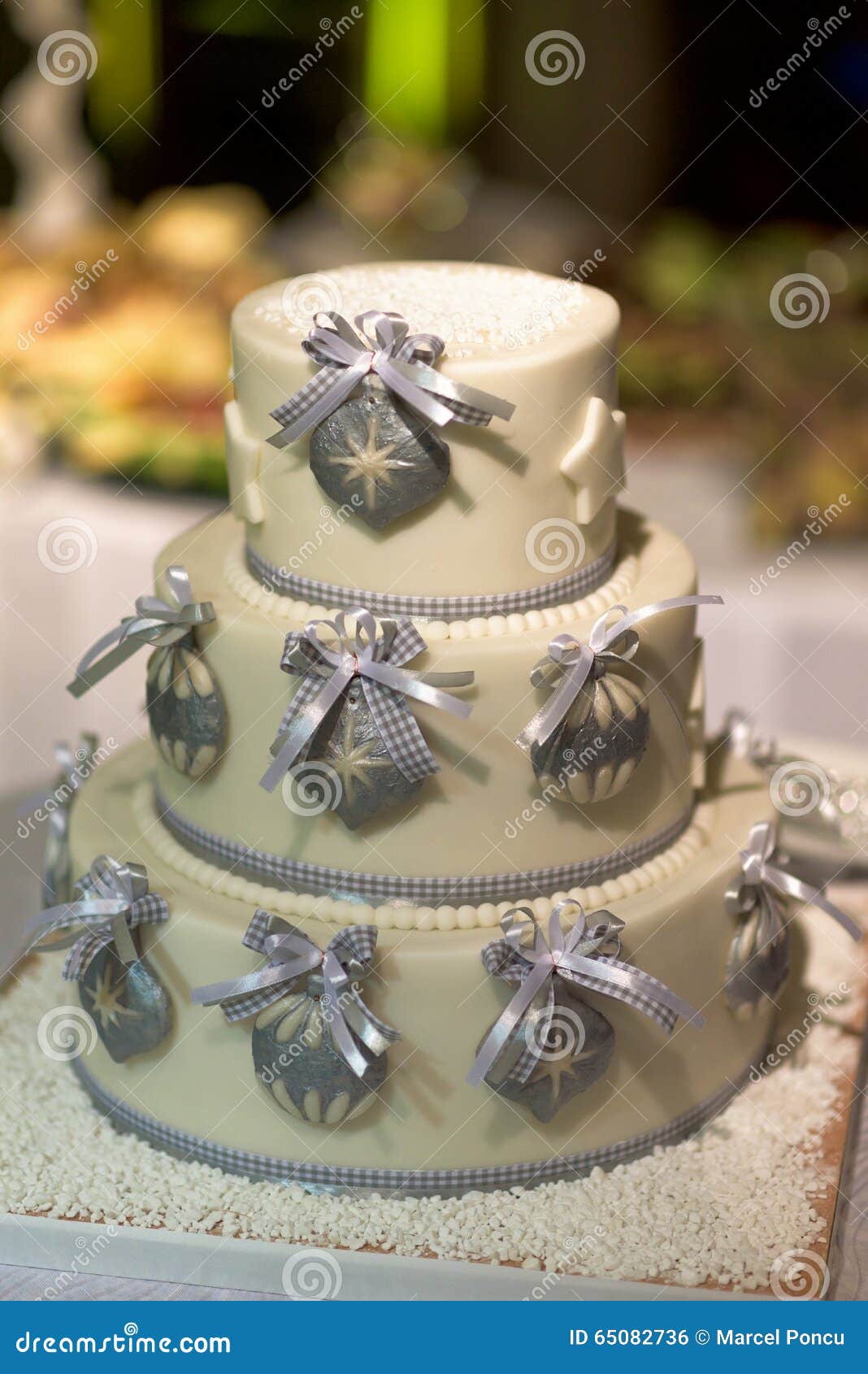 White Decorated Cake with Three Layers and Ribbons Stock Photo - Image ...