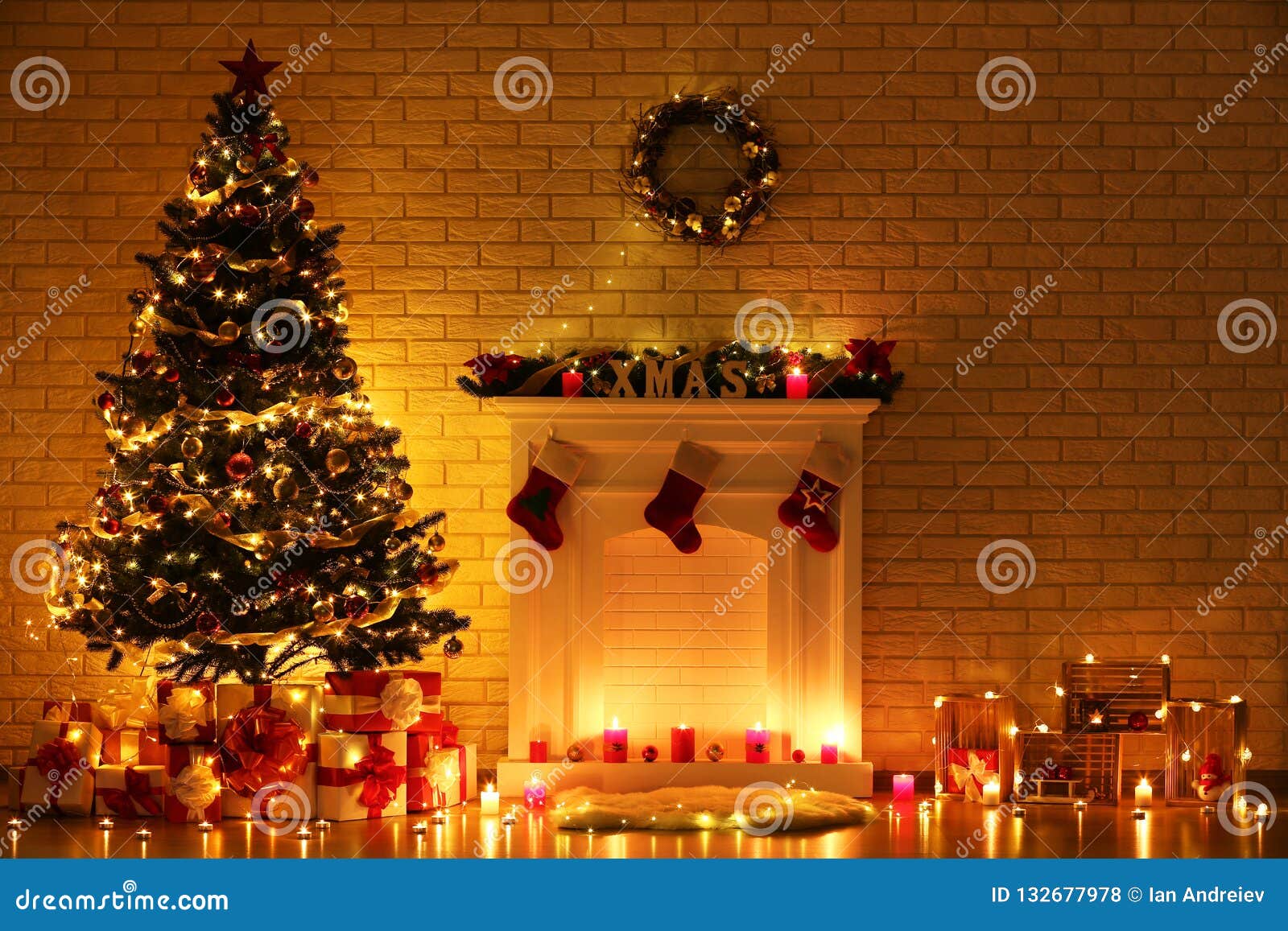 Decorated Fireplace Near Christmas Tree Stock Photo - Image of merry ...