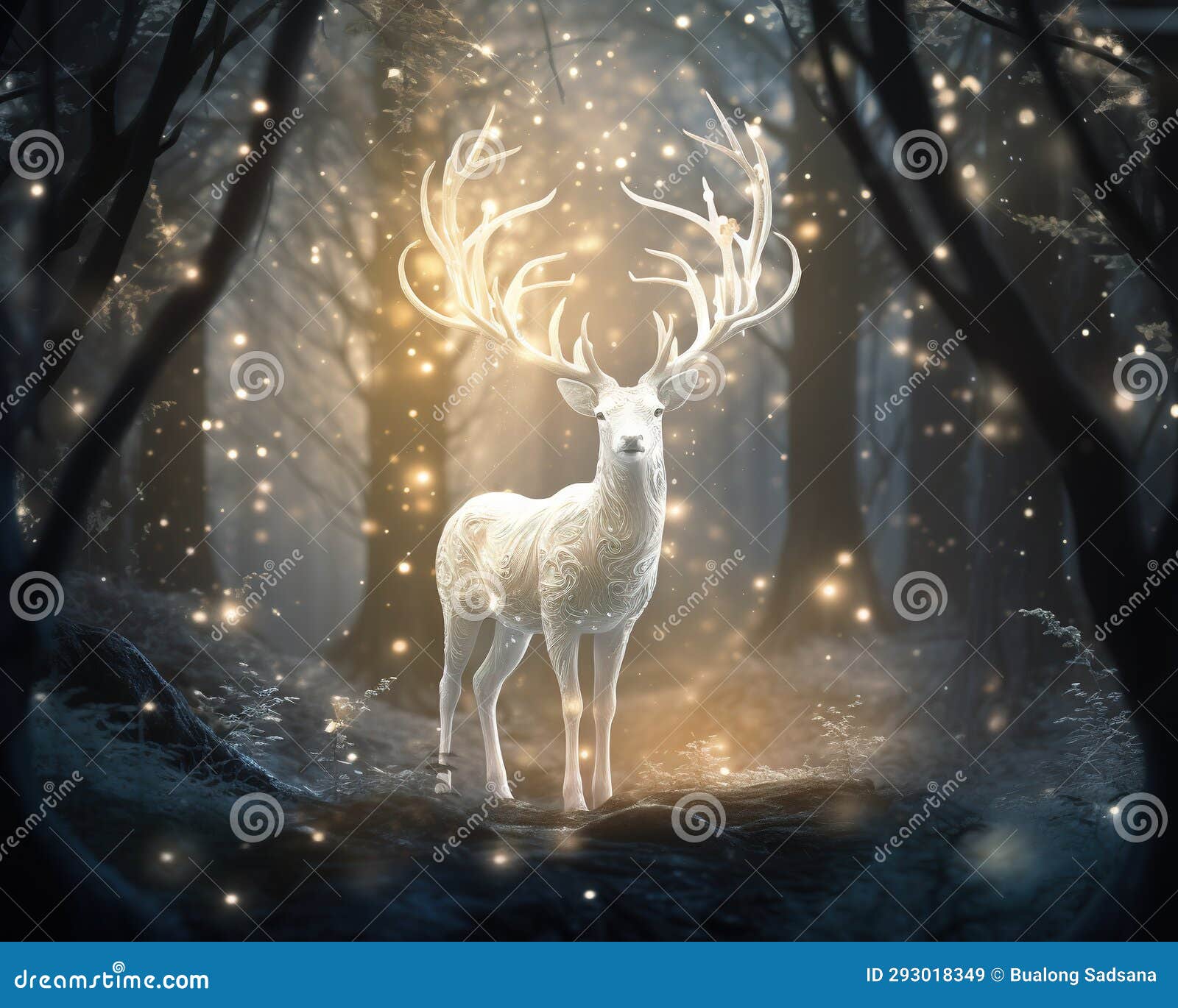 White Deer in Enchanted Forest. Stock Illustration - Illustration of ...