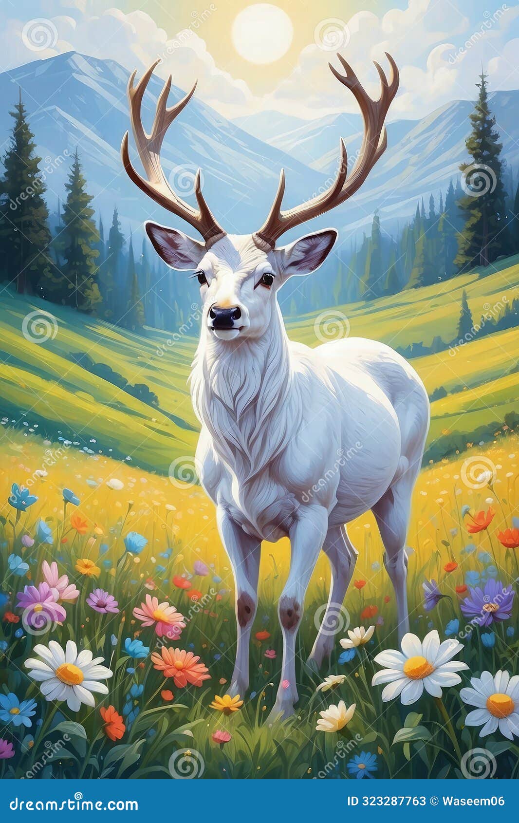 White Deer in the Meadow with Flowers. Digital Painting on Canvas Stock ...