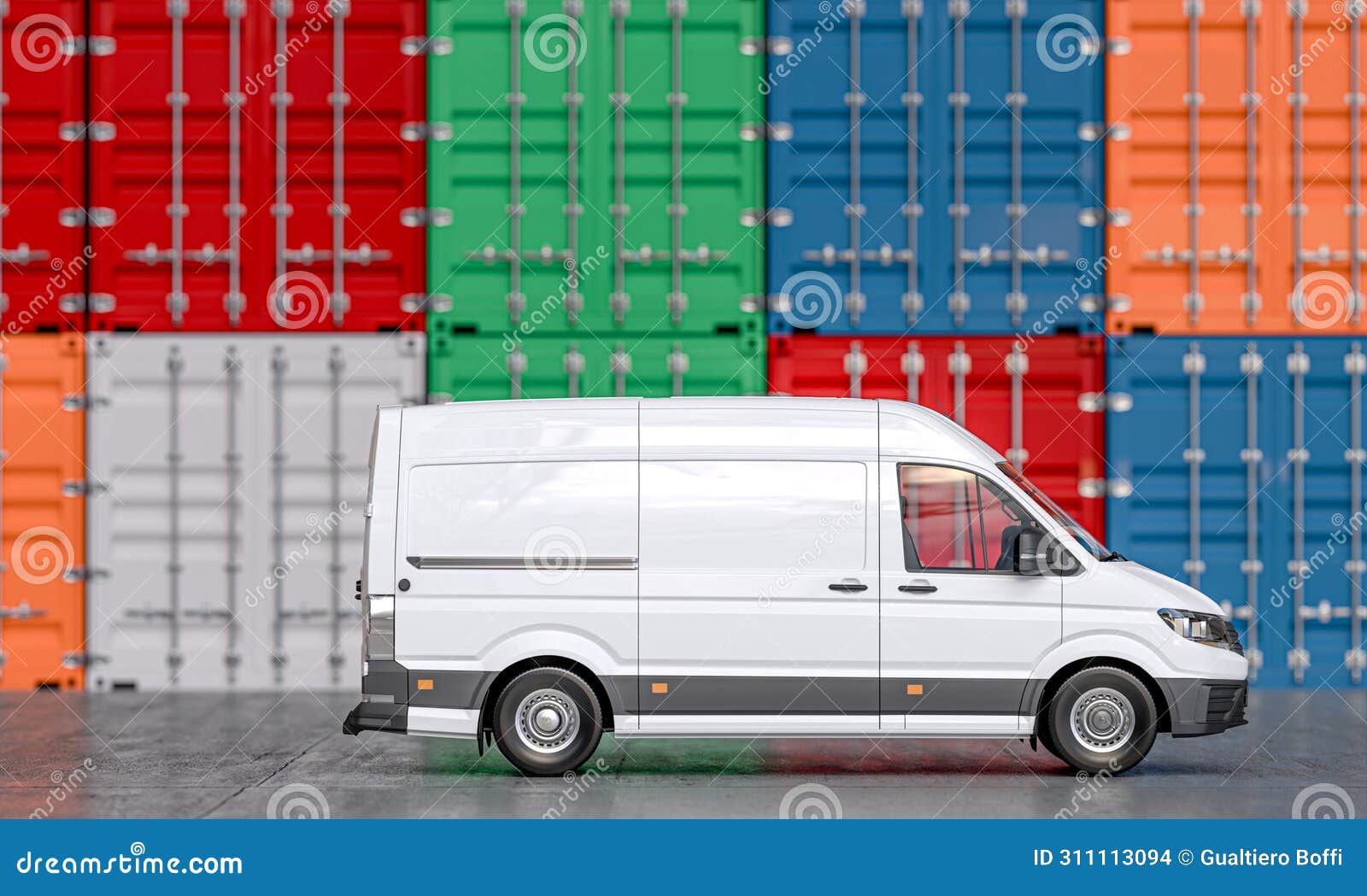 White Delivery Van in Front of Shipping Containers Stock Illustration ...