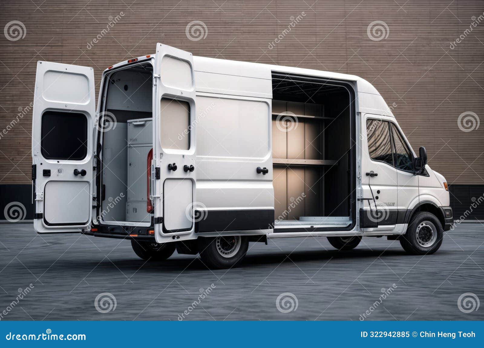White Delivery Van with Open Doors on Urban Background Stock Image ...