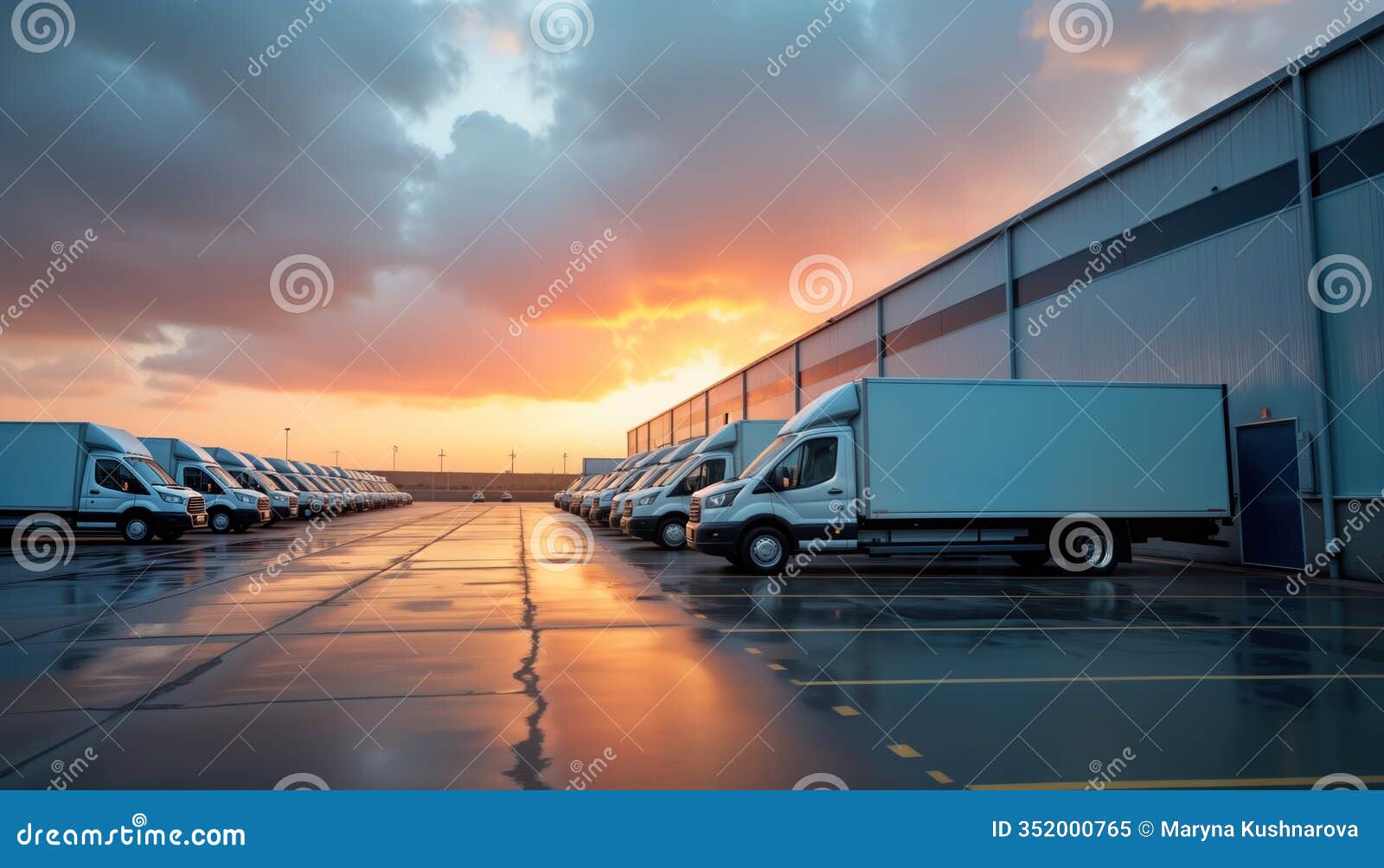 White Delivery Vans Parked in Rows at Warehouse Facility during Sunset ...