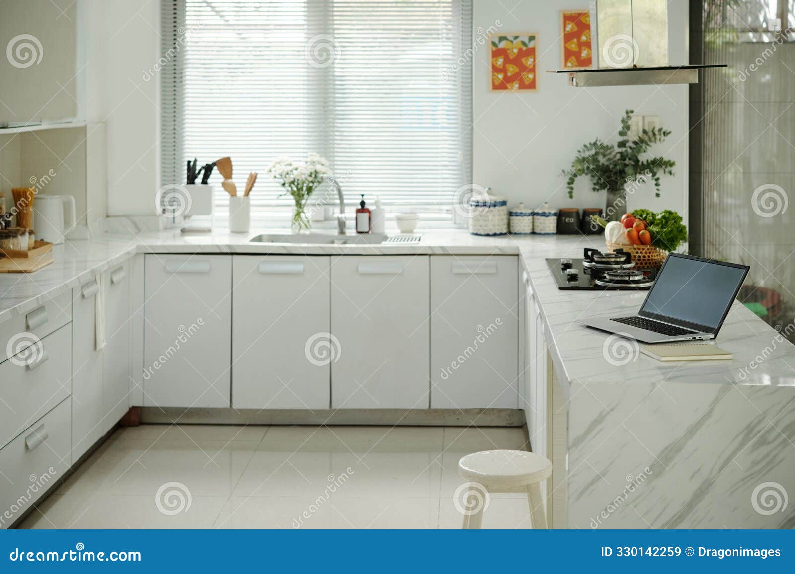 White Design Modern Kitchen with Laptop Stock Image - Image of computer ...