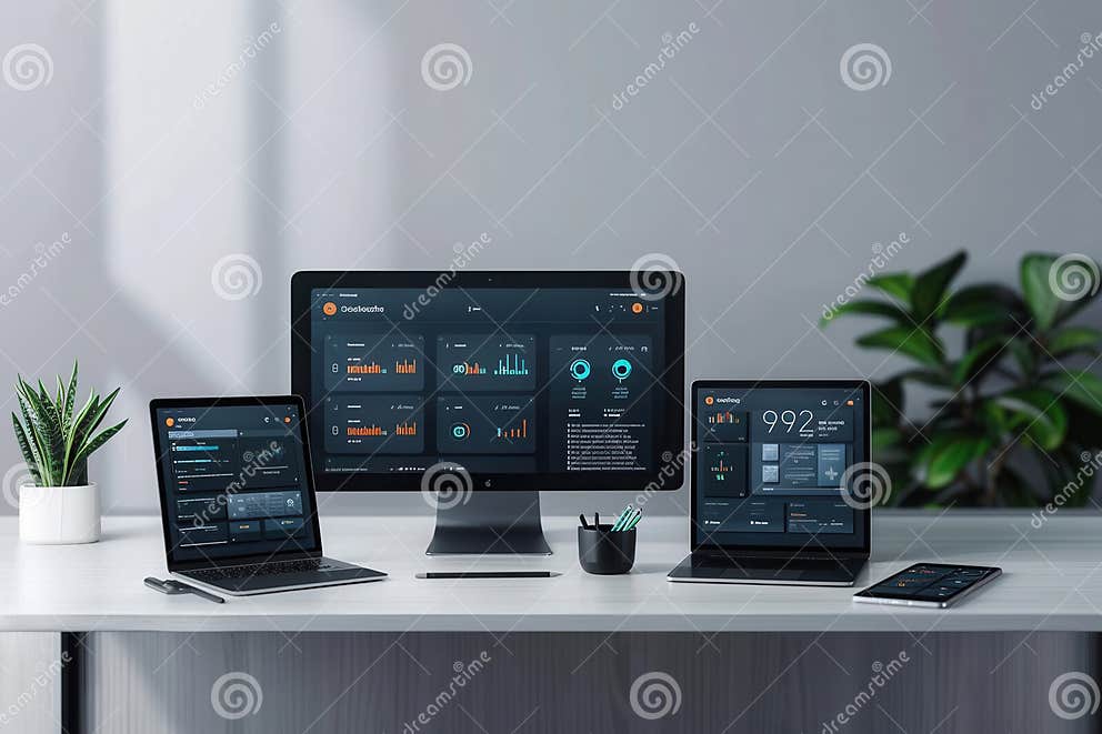 White Desk with Computer, Laptop, and Tablet Displaying Vibrant ...