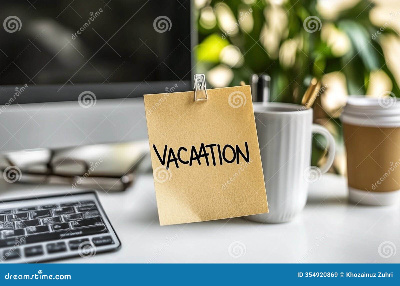 White Desk Setup with Vacation Sticky Note Computer and Coffee Cup ...