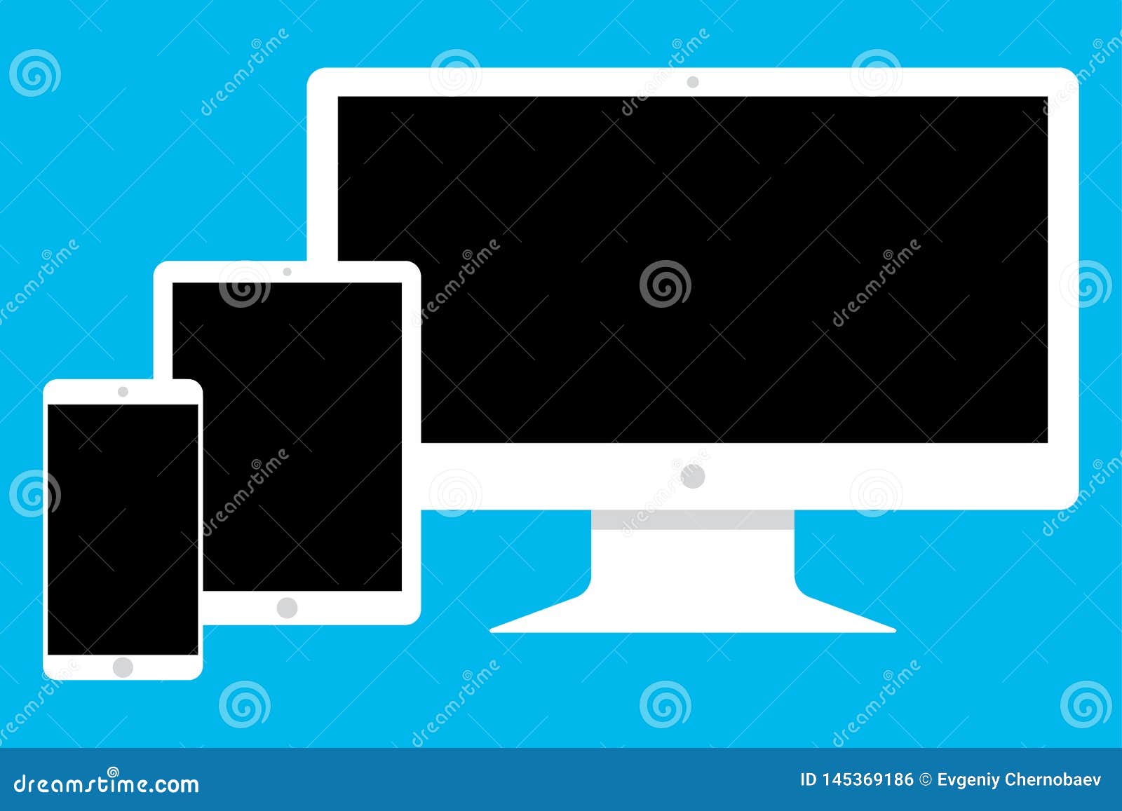 White Destop Computer, Tablet and Smartphone Set with Black Screen on ...