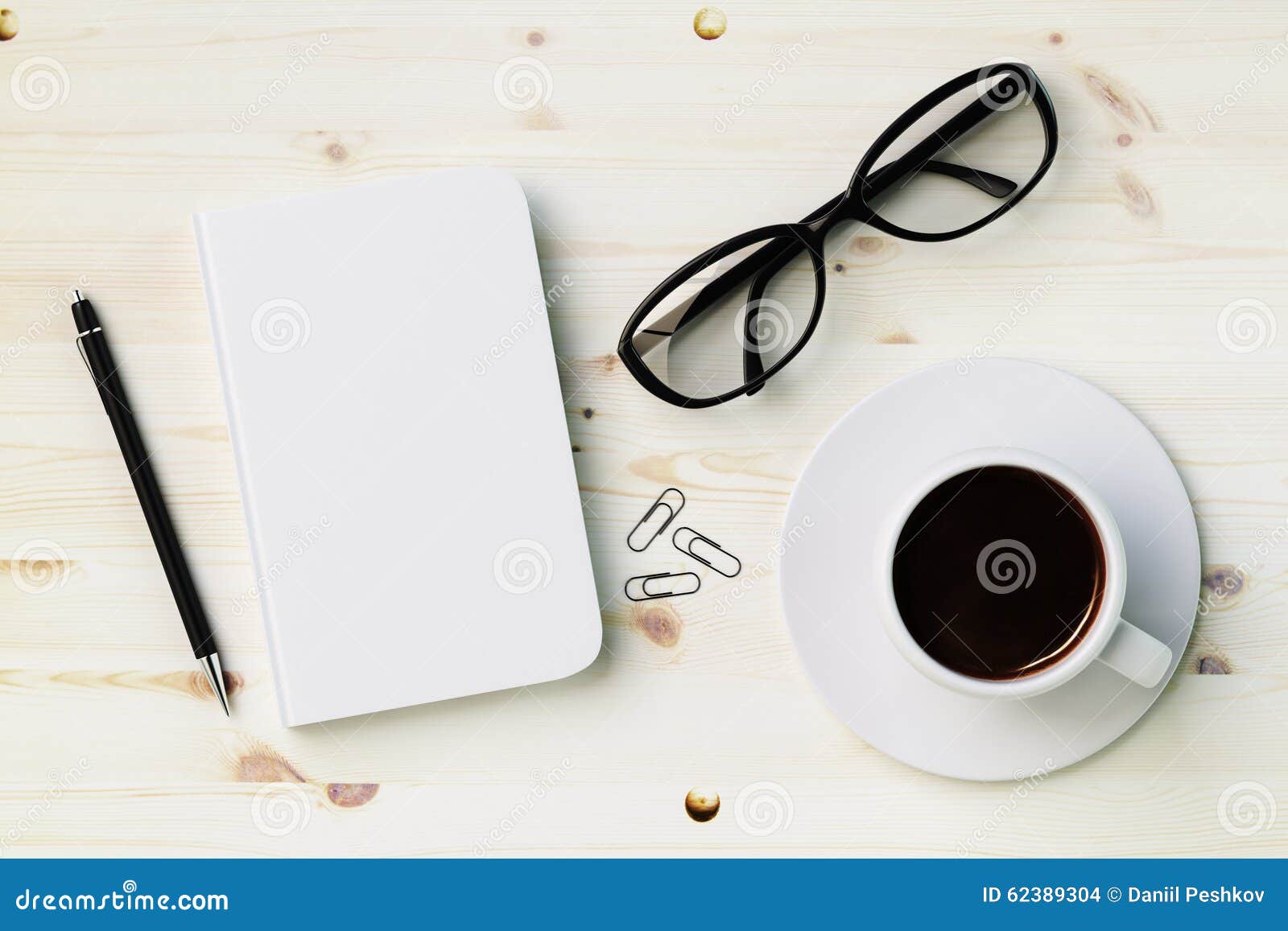 White Diary with Glasses and Cup of Coffee on White Wooden Table Stock ...