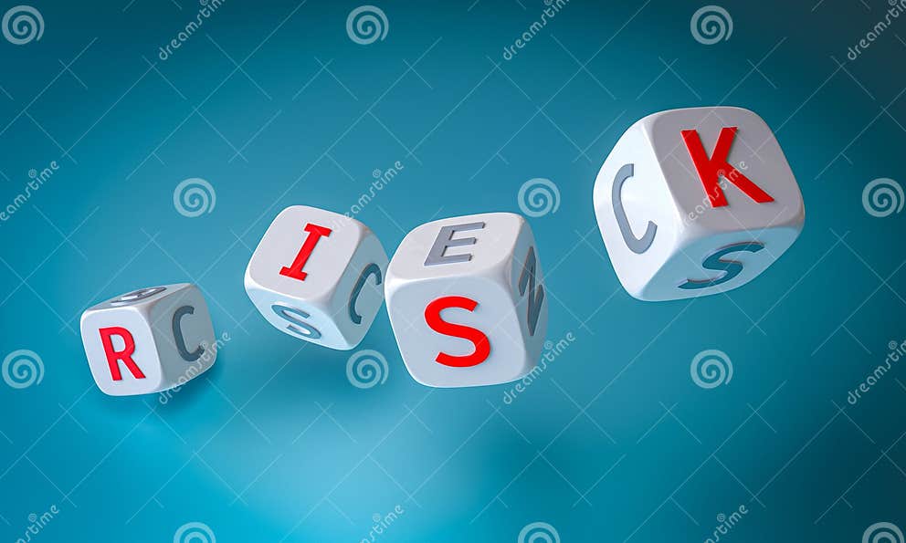 White Dice Forming Risks Word Falling on Blue Background Stock ...