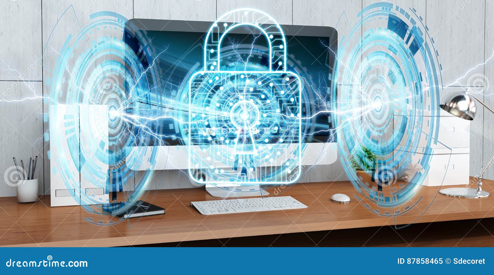 White and Digital Firewall Flying Over Desktop 3D Rendering Stock ...