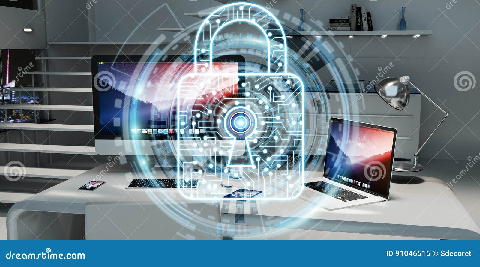 White and Digital Firewall Flying Over Desktop 3D Rendering Stock ...