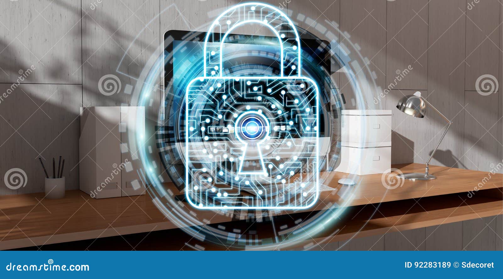 White and Digital Firewall Flying Over Desktop 3D Rendering Stock ...