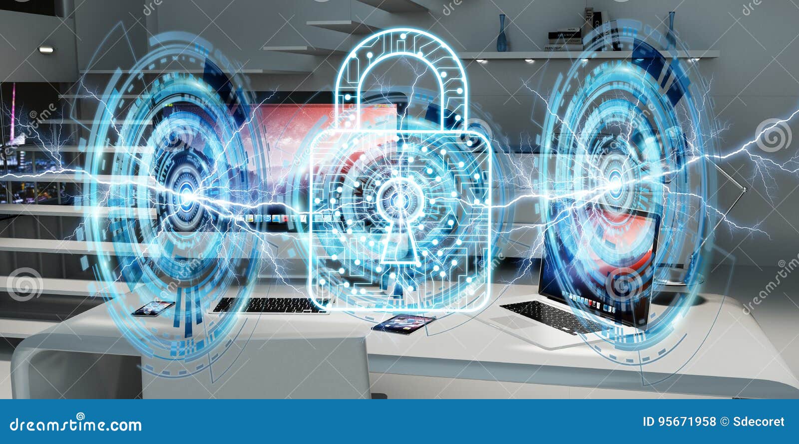 White and Digital Firewall Flying Over Desktop 3D Rendering Stock ...