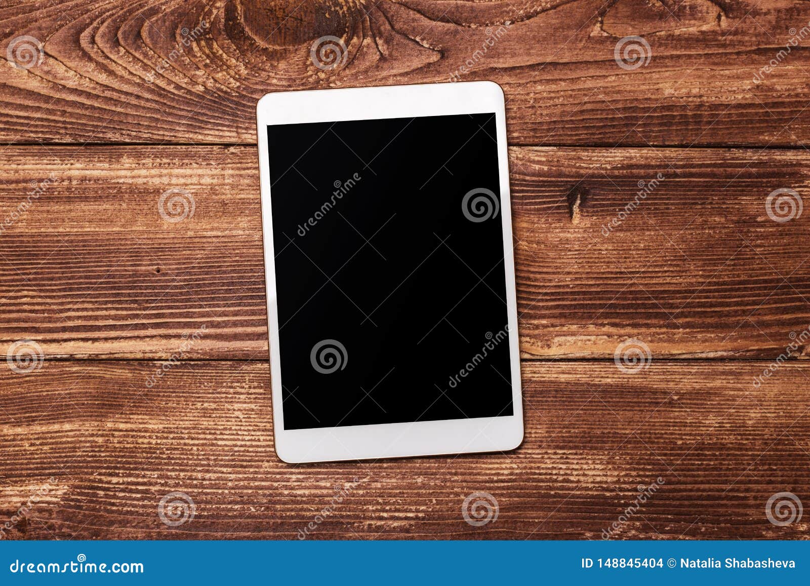 White Digital Tablet on Wooden Table. Top View with Copy Space Stock ...