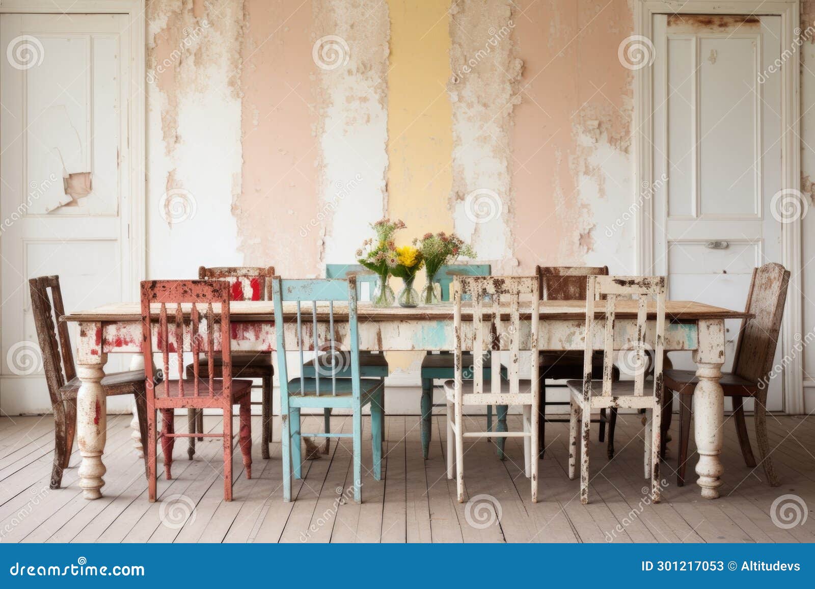 White, Distressed Dining Table with Mismatched Chairs Stock Image ...