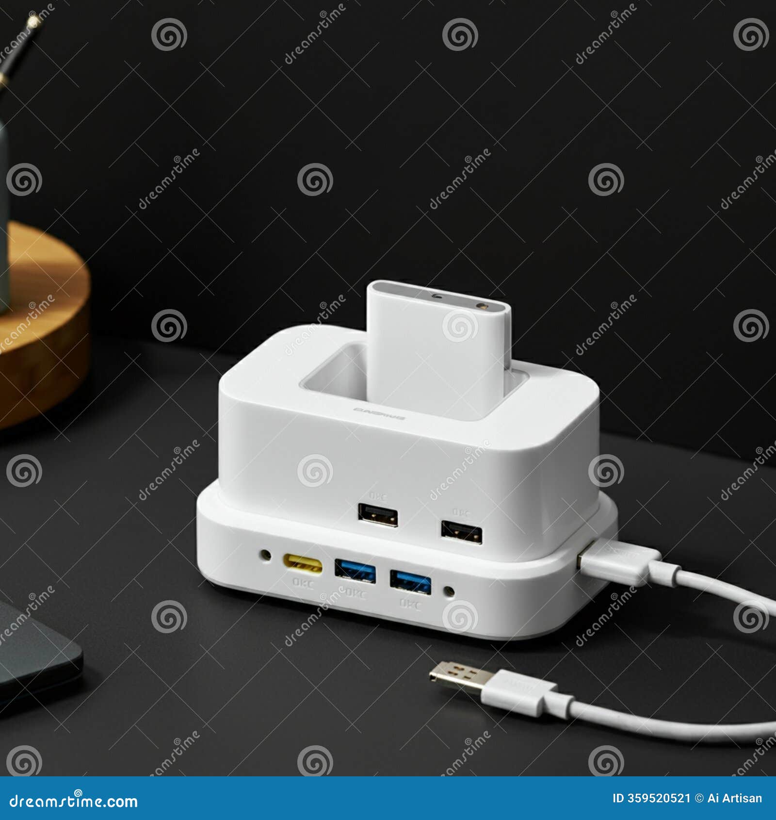 A White Docking Station Sits on a Dark Surface, Featuring Multiple USB ...