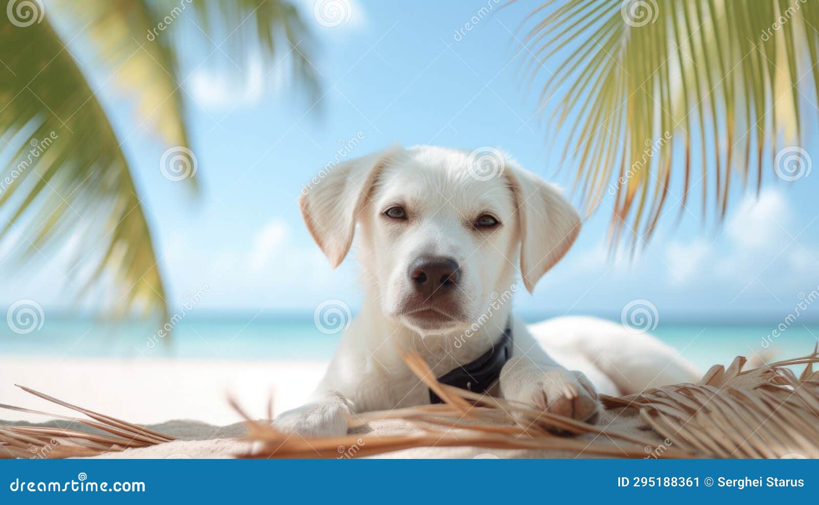 A White Dog Laying on the Beach with Palm Trees, AI Stock Image - Image ...