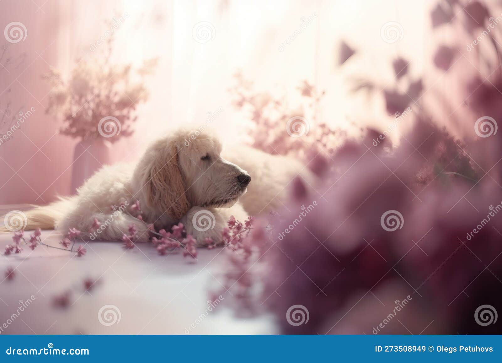 A White Dog Laying on Top of a Bed of Flowers Stock Image - Image of ...