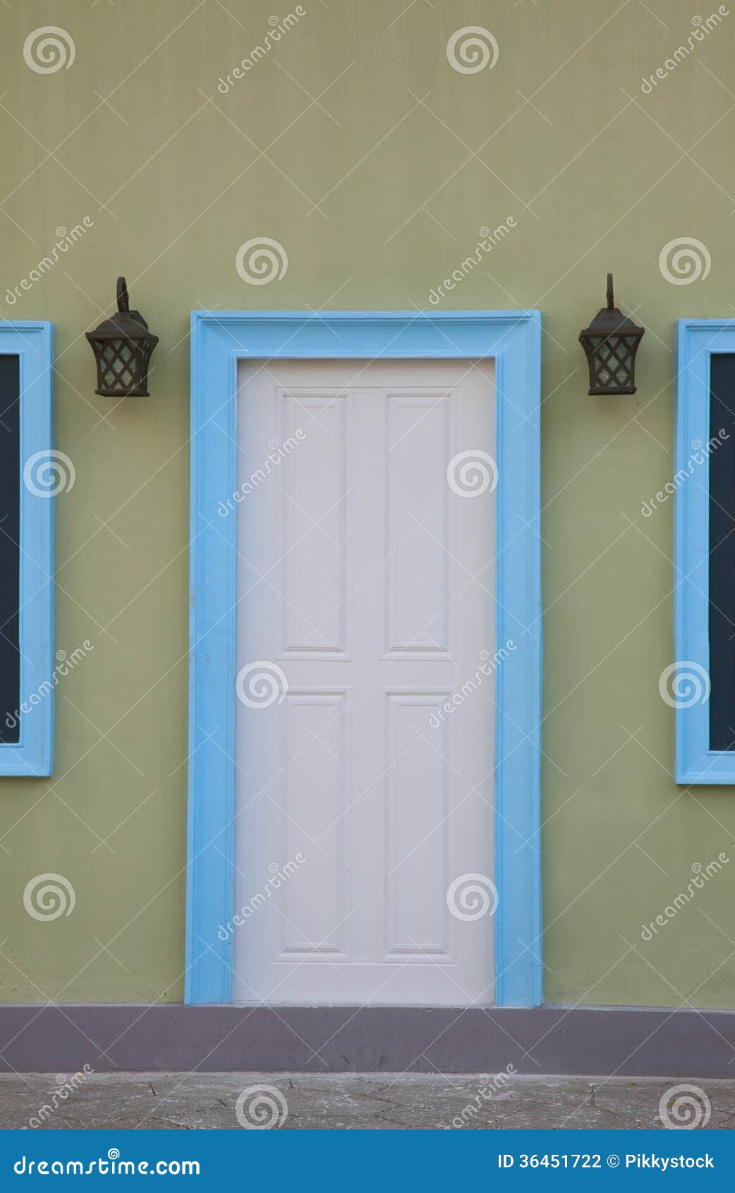 White Doors and Door Frames in Blue Stock Photo - Image of built ...