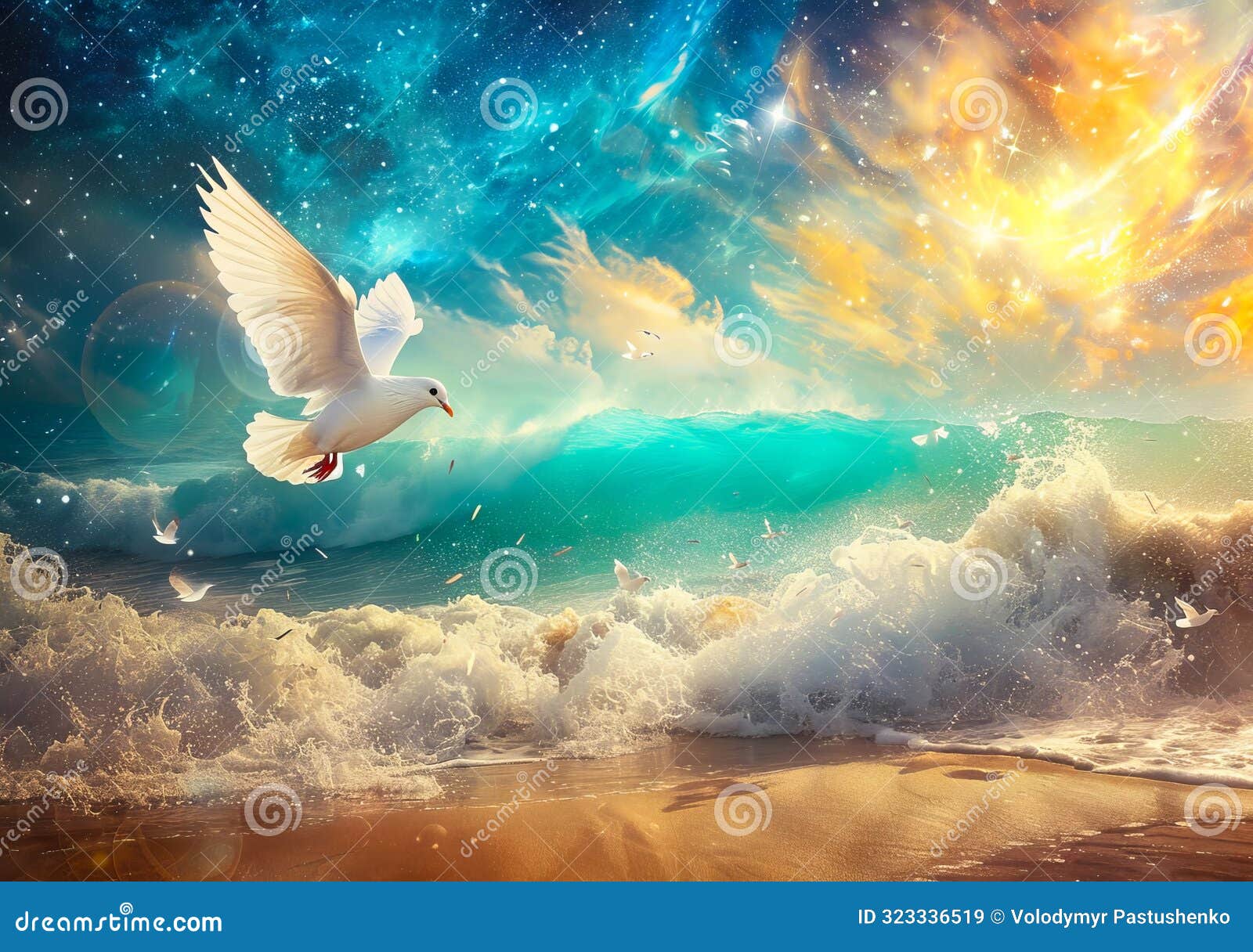 A White Dove Flying Over the Ocean with Stars and Waves Stock Image ...