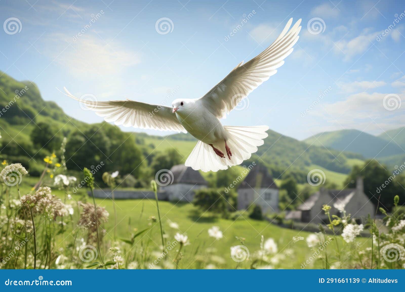 A White Dove Flying Over a Peaceful Meadow Stock Image - Image of dove ...