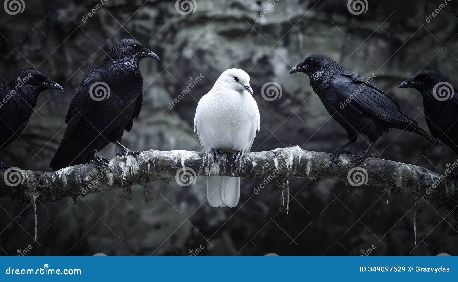A White Dove Sitting on a Branch Surrounded by Three Black Crows Stock ...