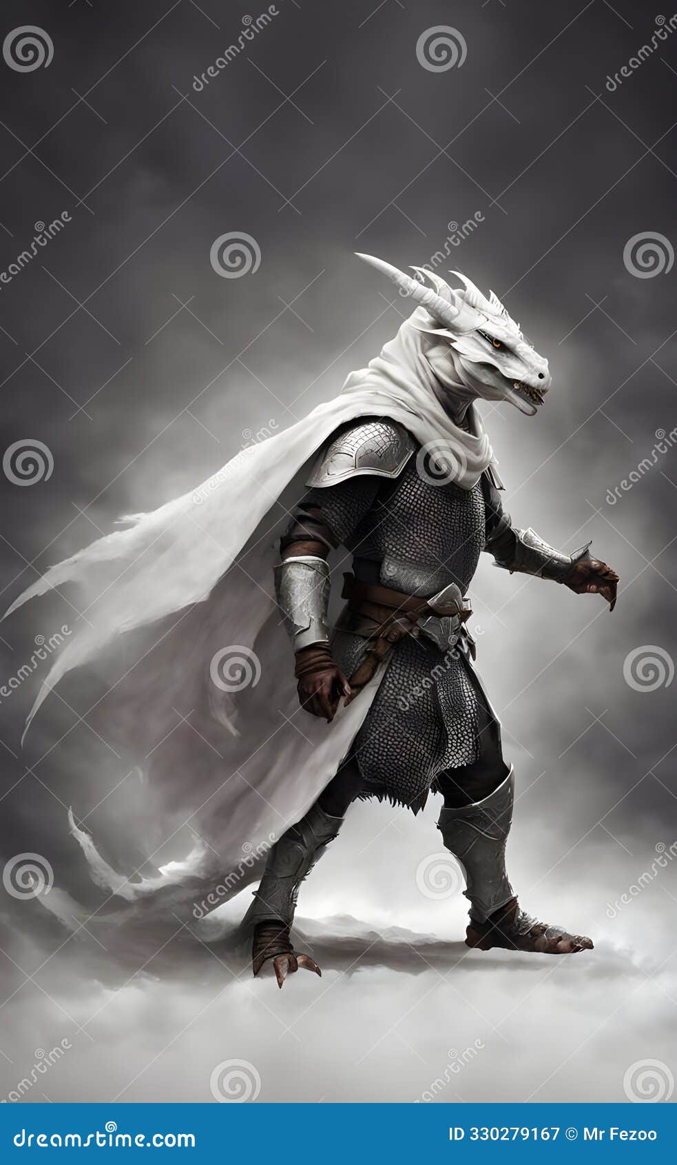 White Dragonborn Chainmail Wearing White Cape with Hood Stock ...