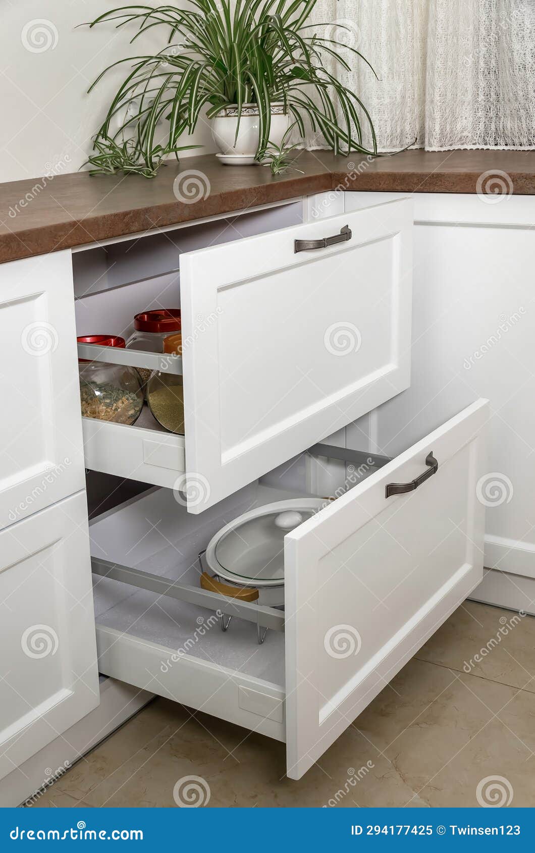 White Drawers in Kitchen Set. Open Furniture Drawers Stock Image ...