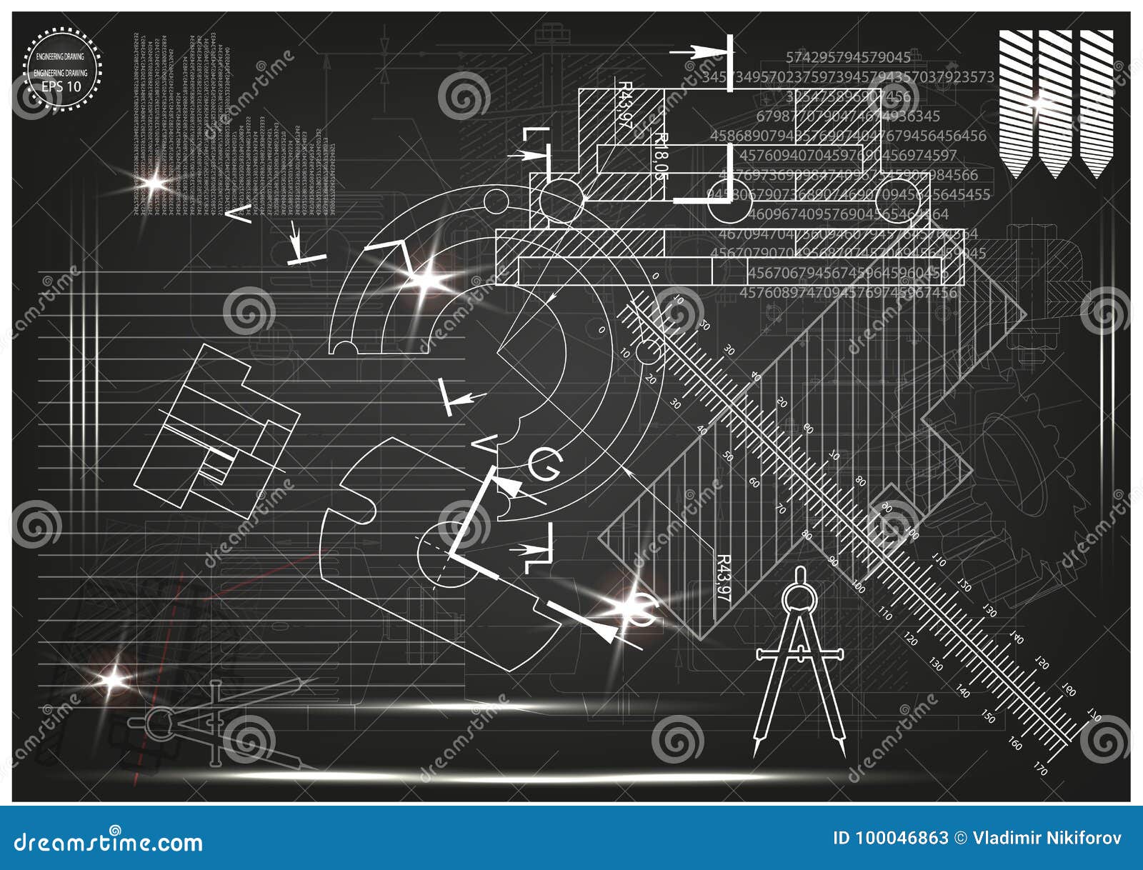 Machine-building Drawings on a Black Background Stock Vector ...