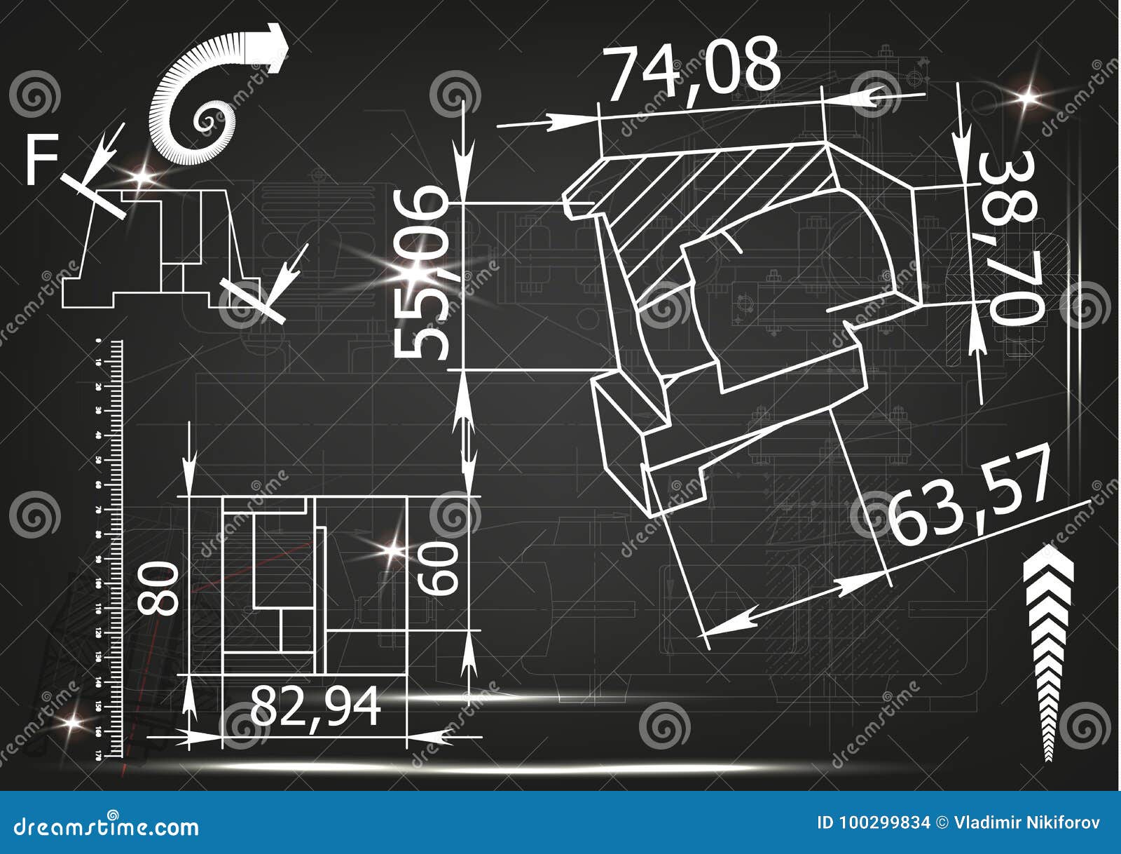 Machine-building Drawings on a Black Background Stock Vector ...