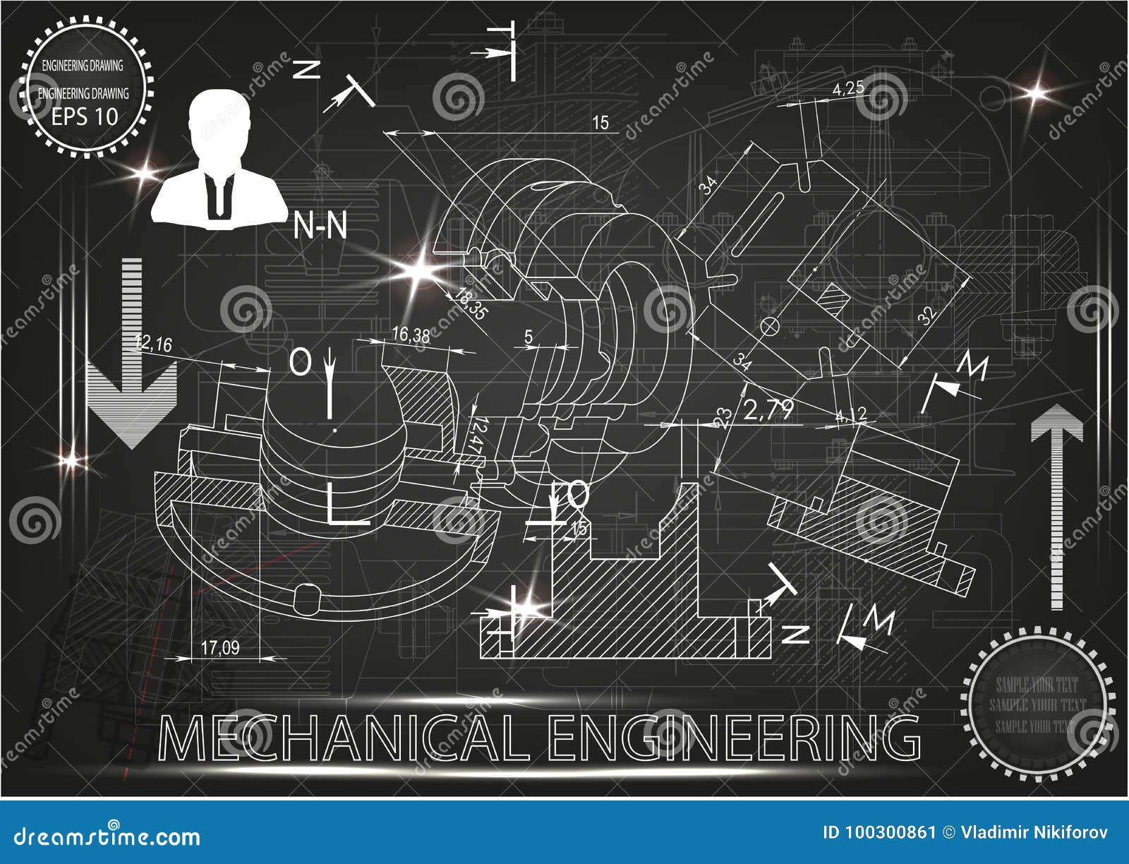 Machine-building Drawings on a Black Background Stock Vector ...