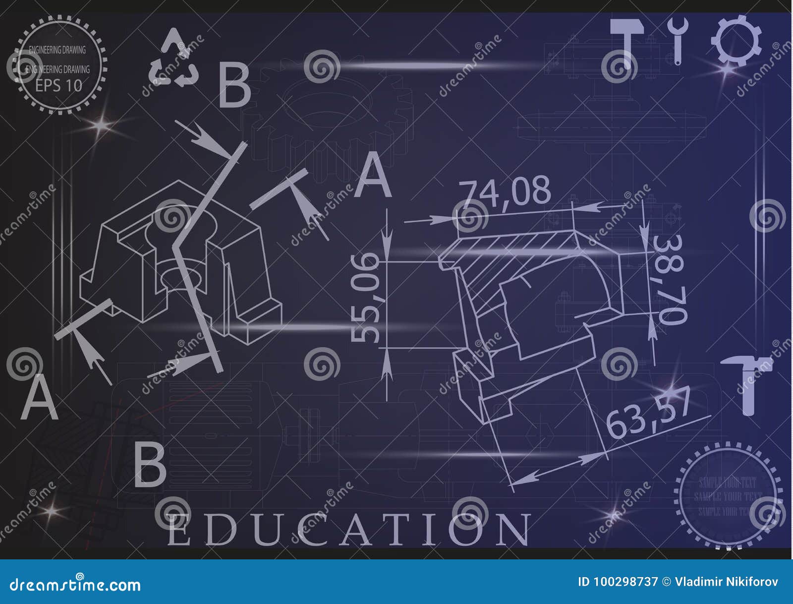 Machine-building Drawings on a Blue Background Stock Vector ...